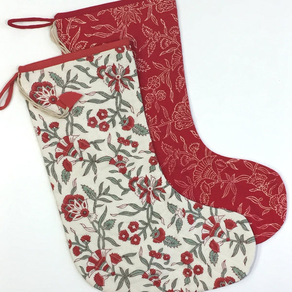 Christmas Stocking in Hand Block Holly Print - Mehera Shaw